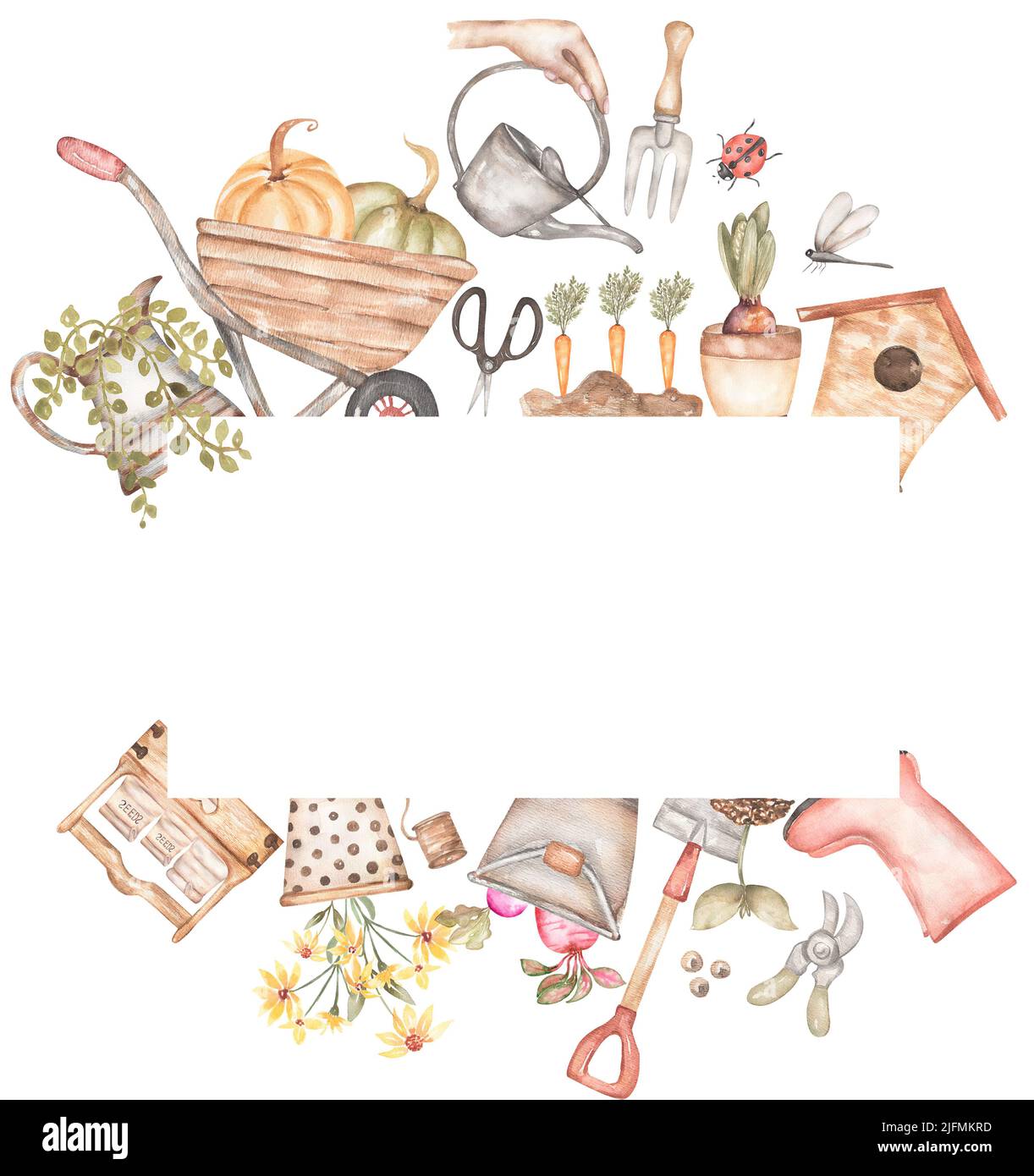 Watercolor hand drawn Gardening Frame Clipart, Garden tools clip art ...