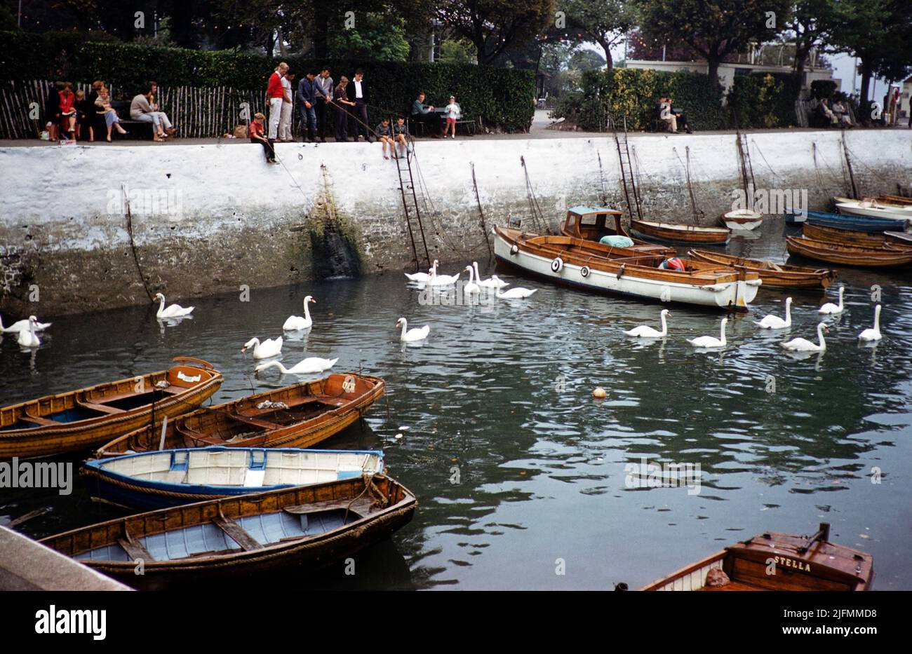 People on quayside fishing, swans and rowing boats in the water of the ...