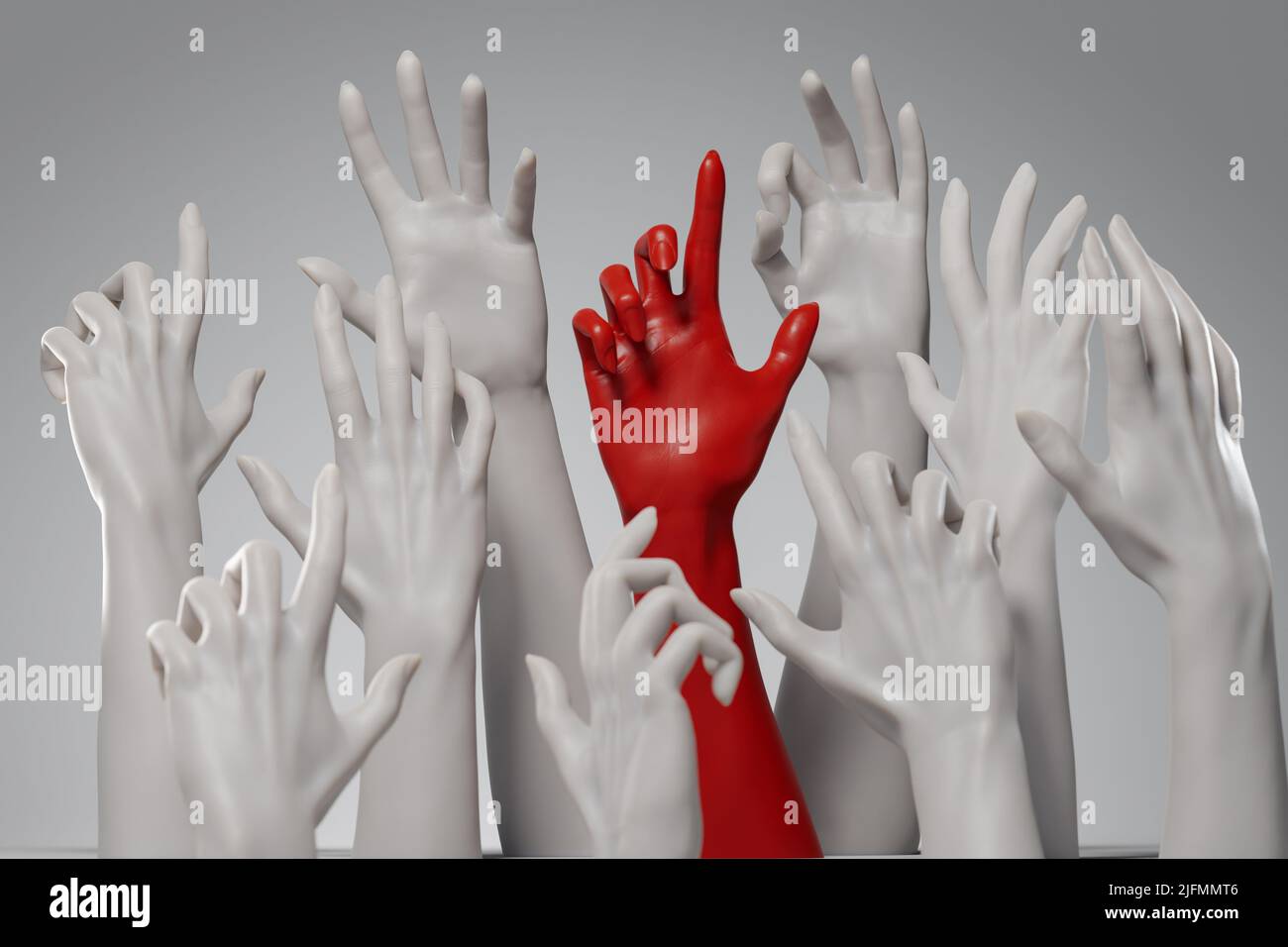 One red hand raising up among crowd of white hands. Concept of ...