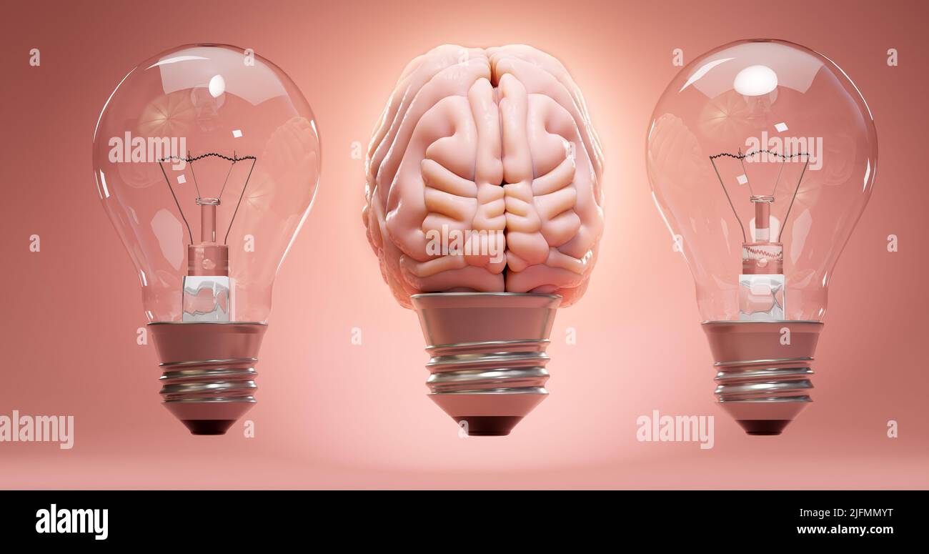 Row of light bulbs with glowing human brain. Concept of inspiritation ...