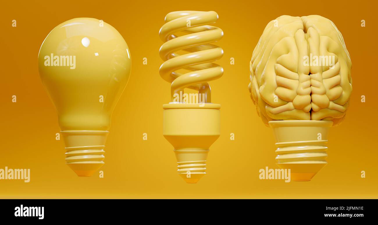 Incandescent, energy saving and human brain light bulbs over yellow ...