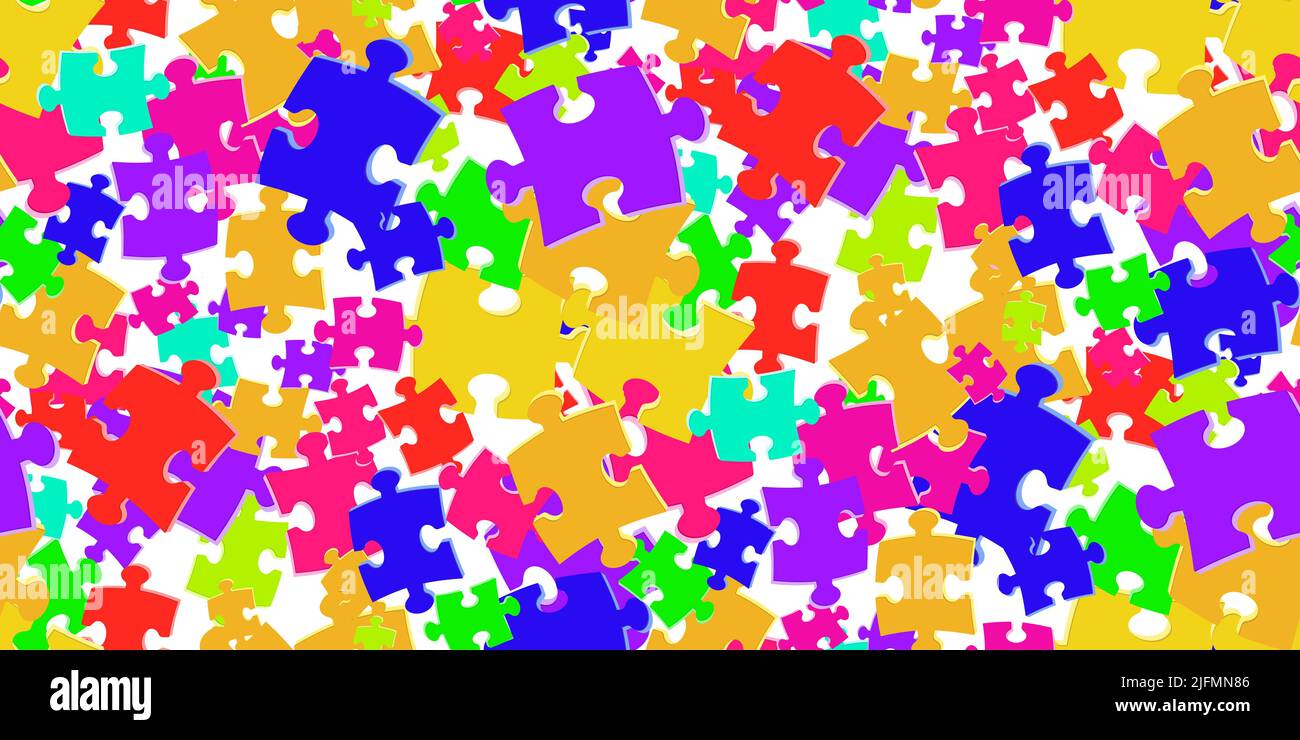 Colorful puzzles are randomly scattered on white background. Bright ...