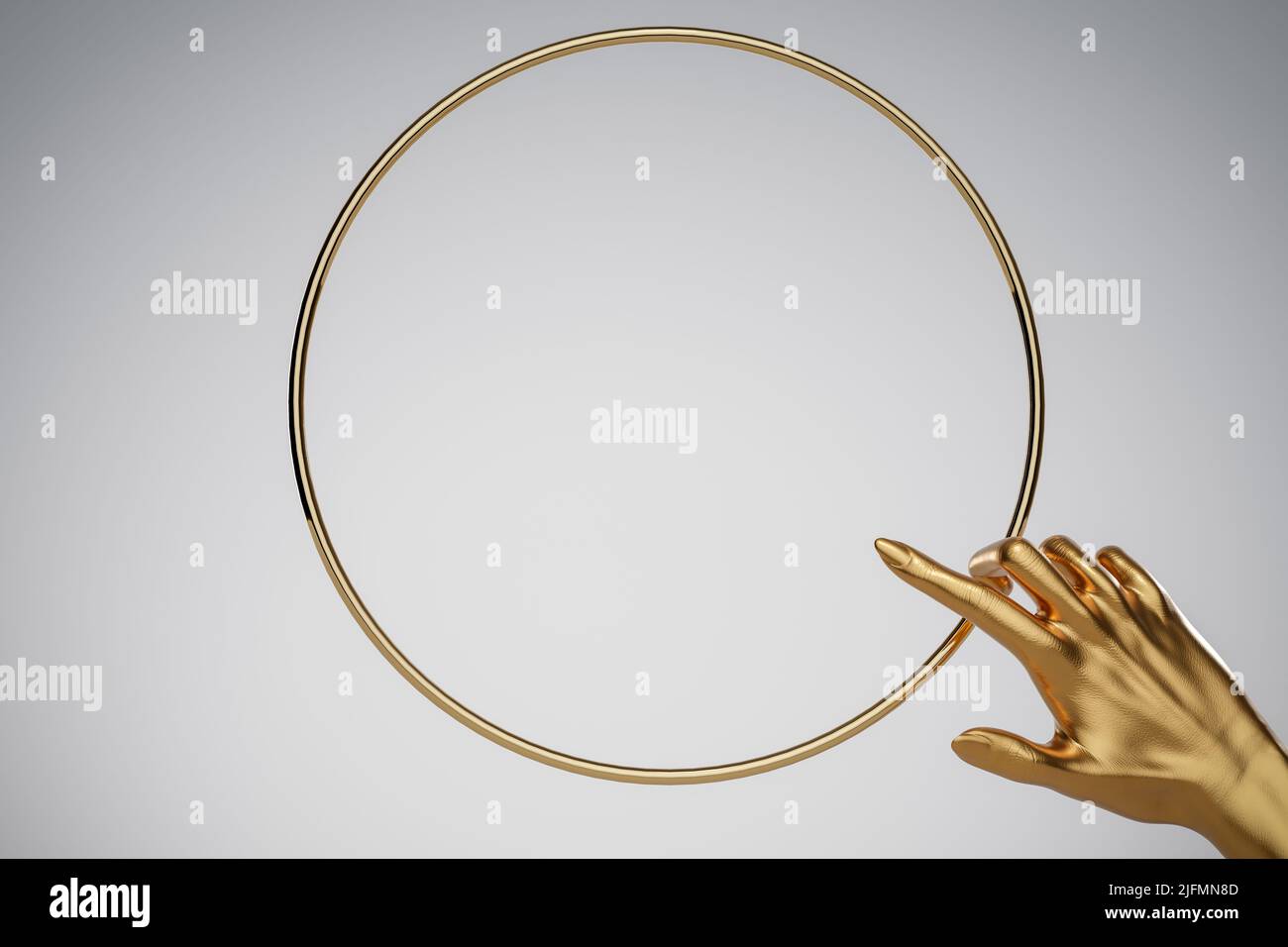 Human golden hand pointing in golden ring frame. Background for ...