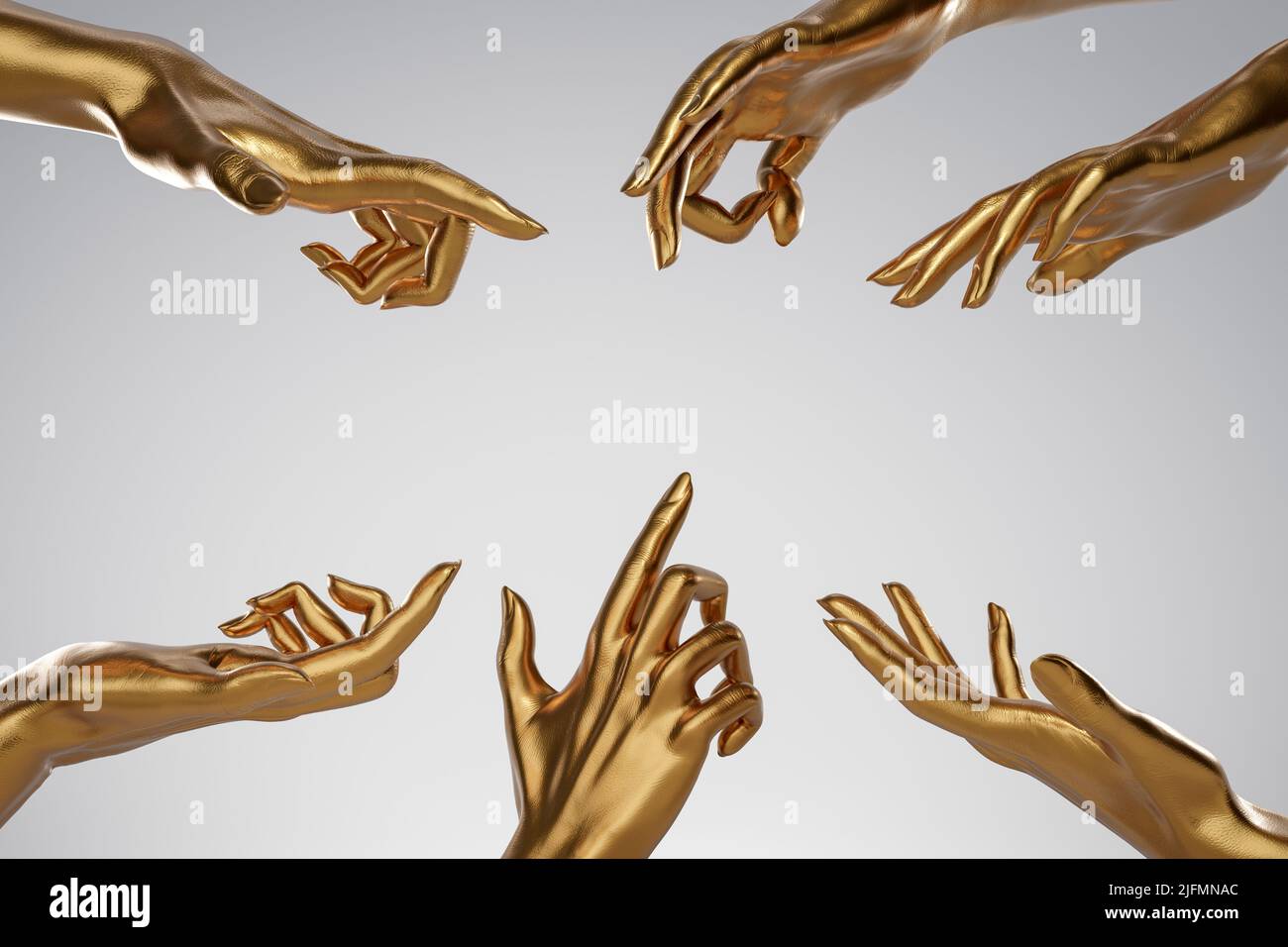 Lots of golden human hands with different gestures pointing over white ...