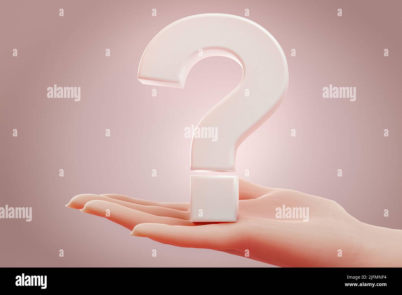 Hand holding big white question mark over pink background. Concept of ...