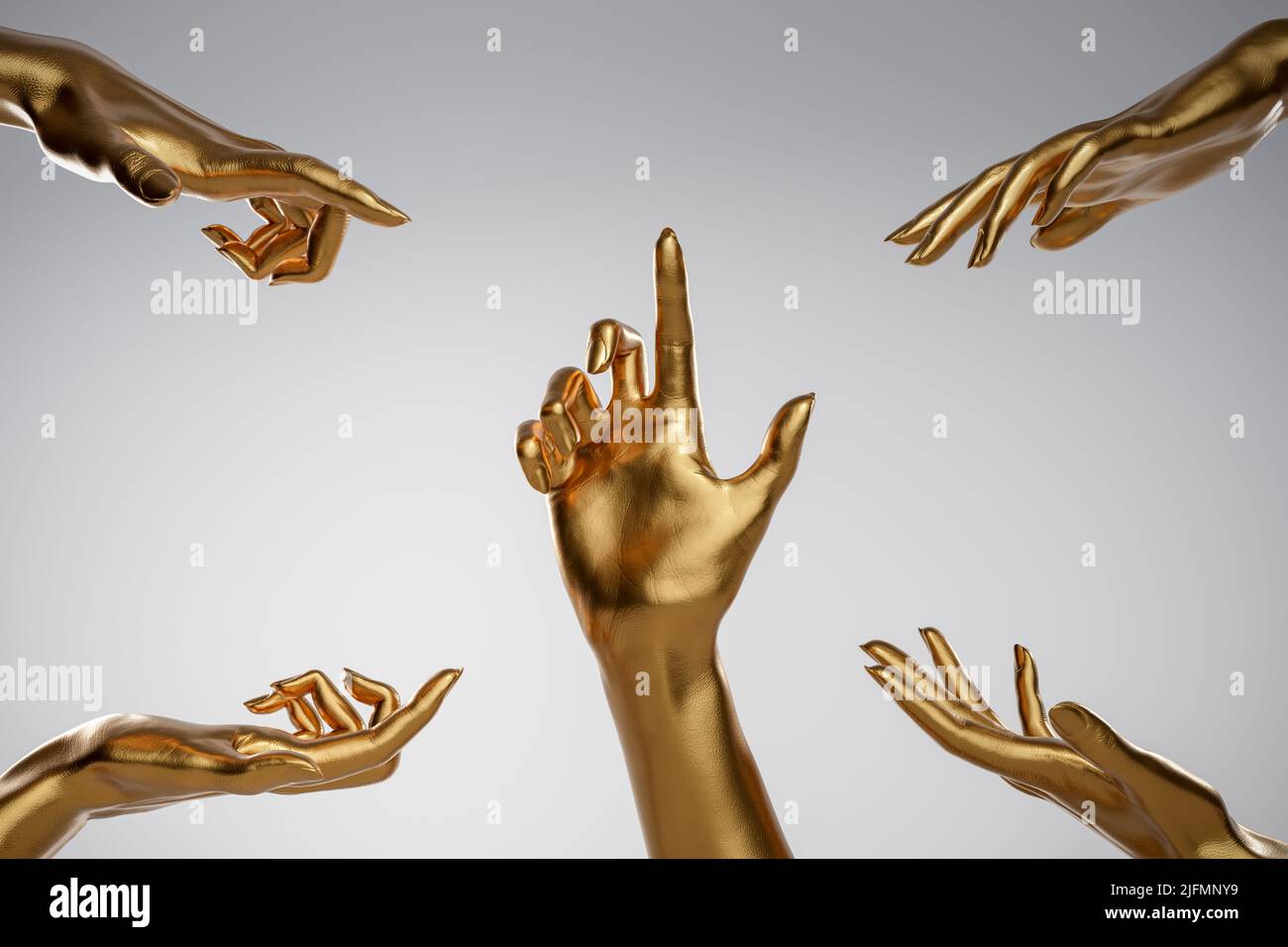 Lots of golden hands pointing at hand with rised index finger. Concept ...