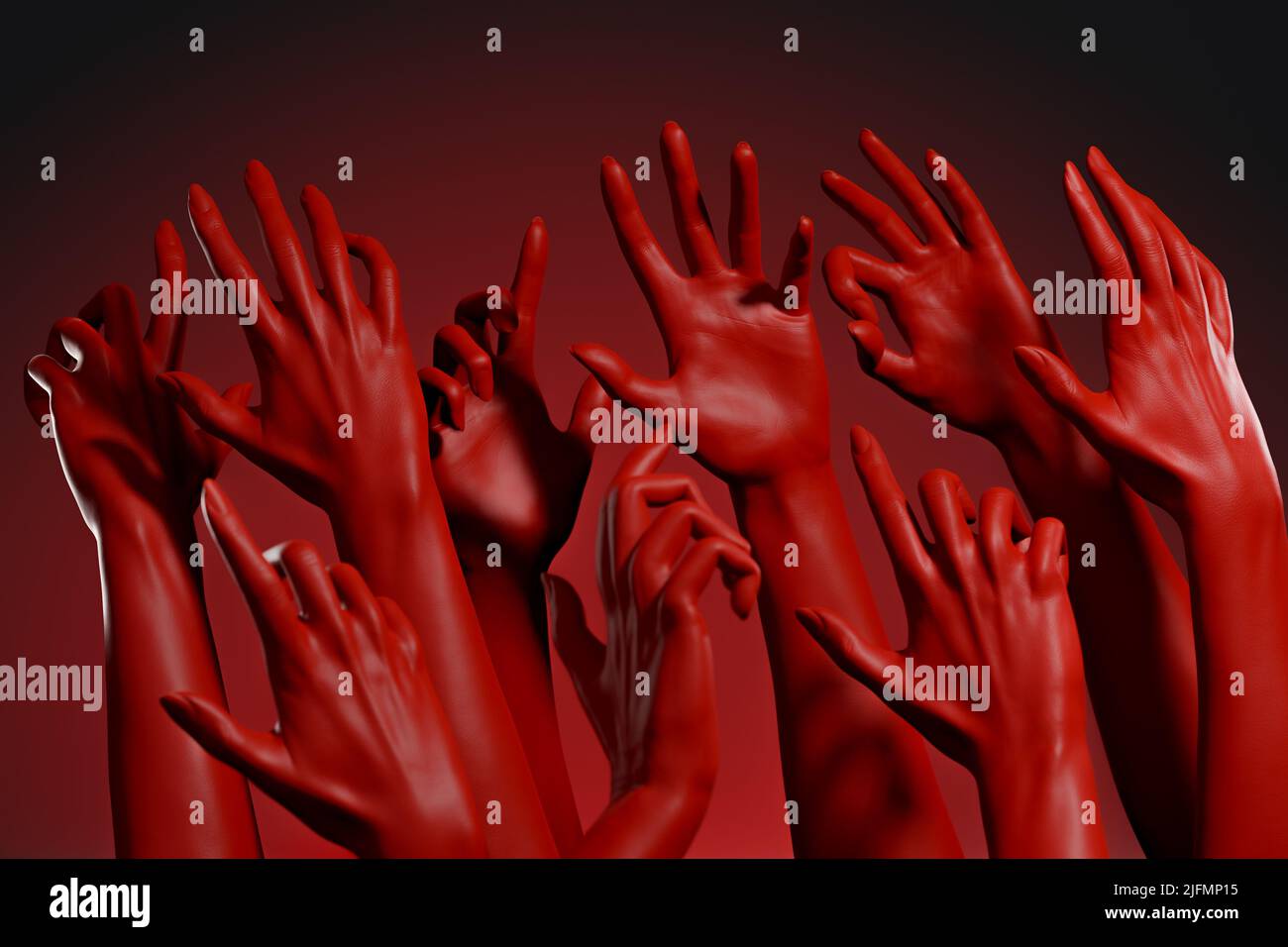 Group of human hands painted in red or covered in blood raising up ...
