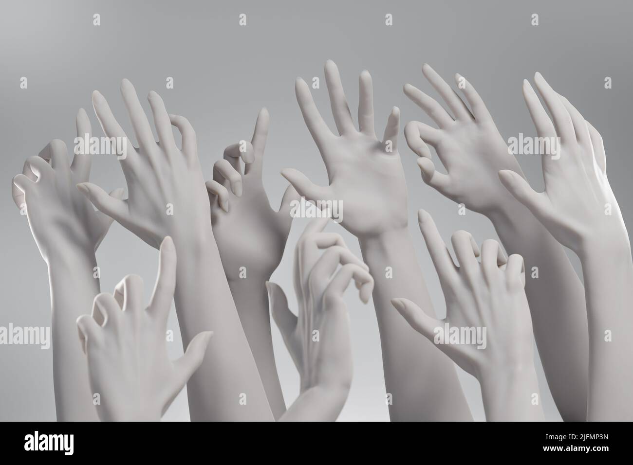 Lots of marble hands with different gestures raising up. Concept of ...