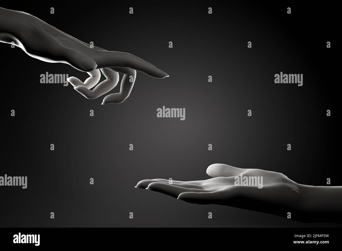 Two marble hands over black background reaching one another. Concept of ...