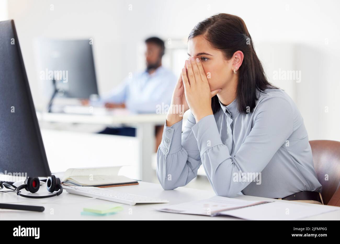 One anxious caucasian businesswoman feeling pressure and panic while ...