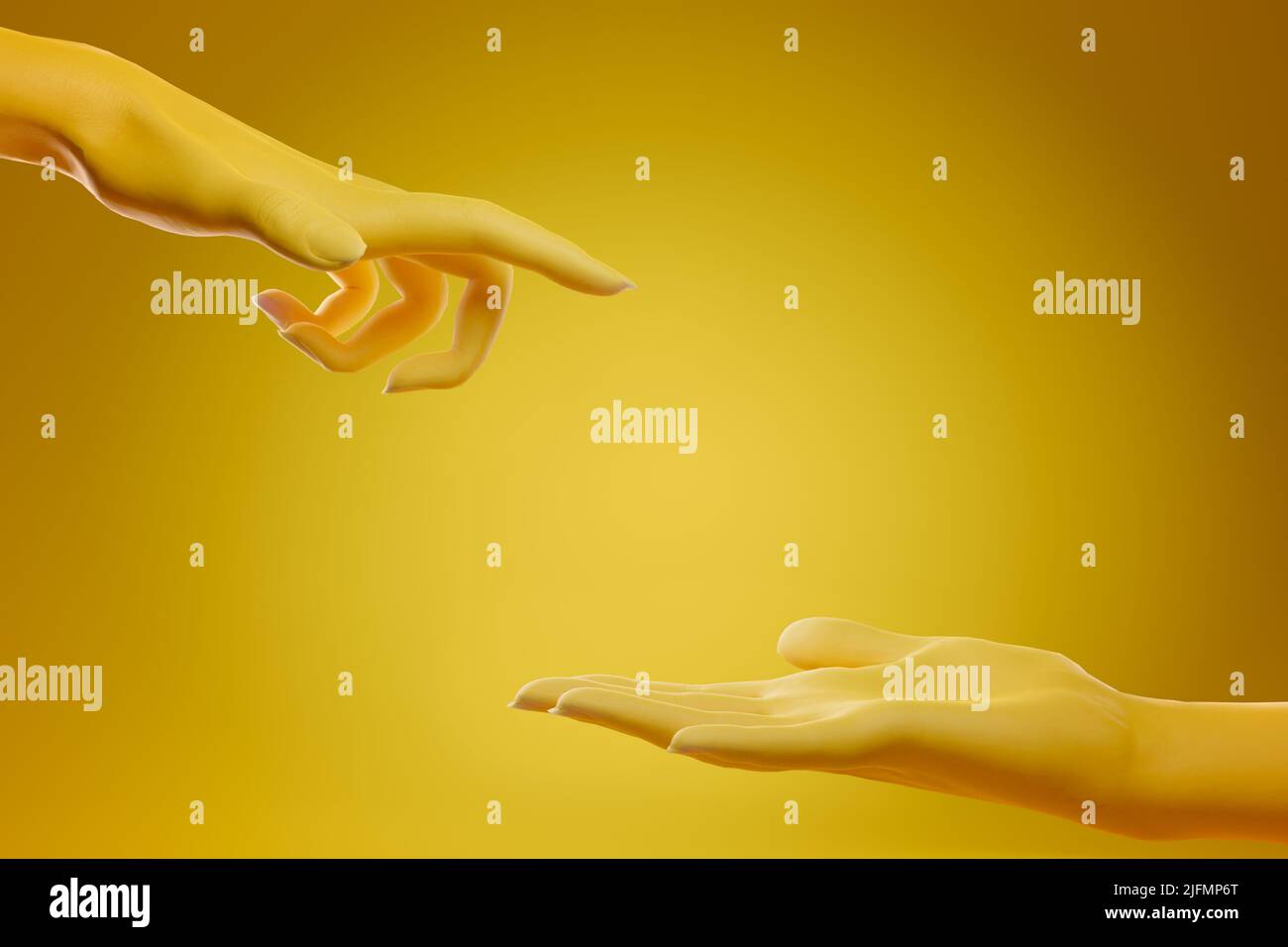 Two yellow hands reaching one another over yellow background. Concept ...