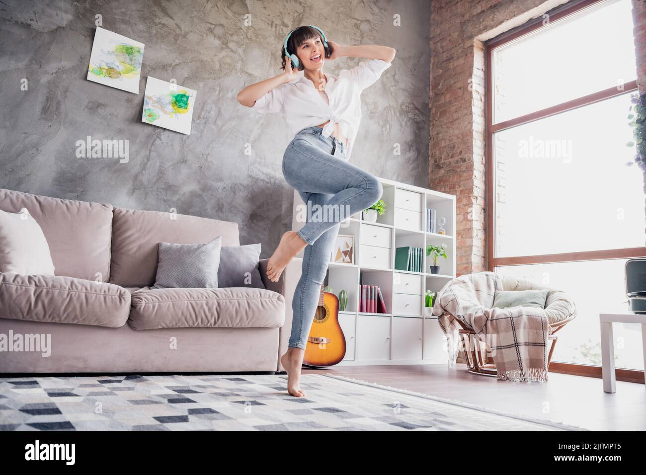 Full length photo of funky happy positive woman good mood enjoy weekend ...