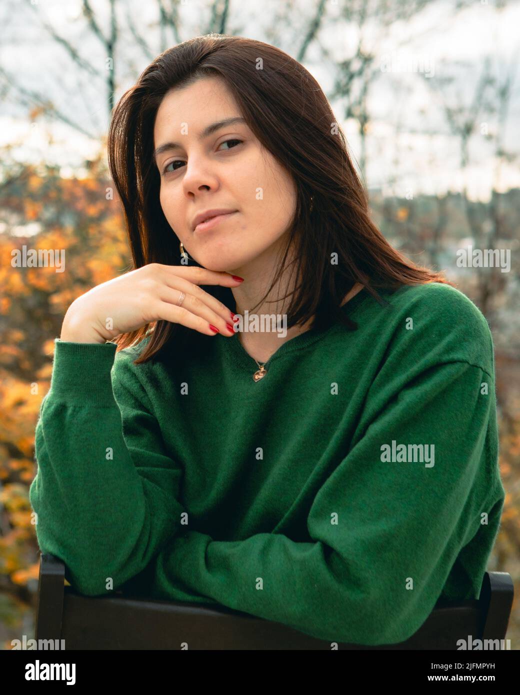 young stunning woman in autumn outfit copy space Stock Photo - Alamy