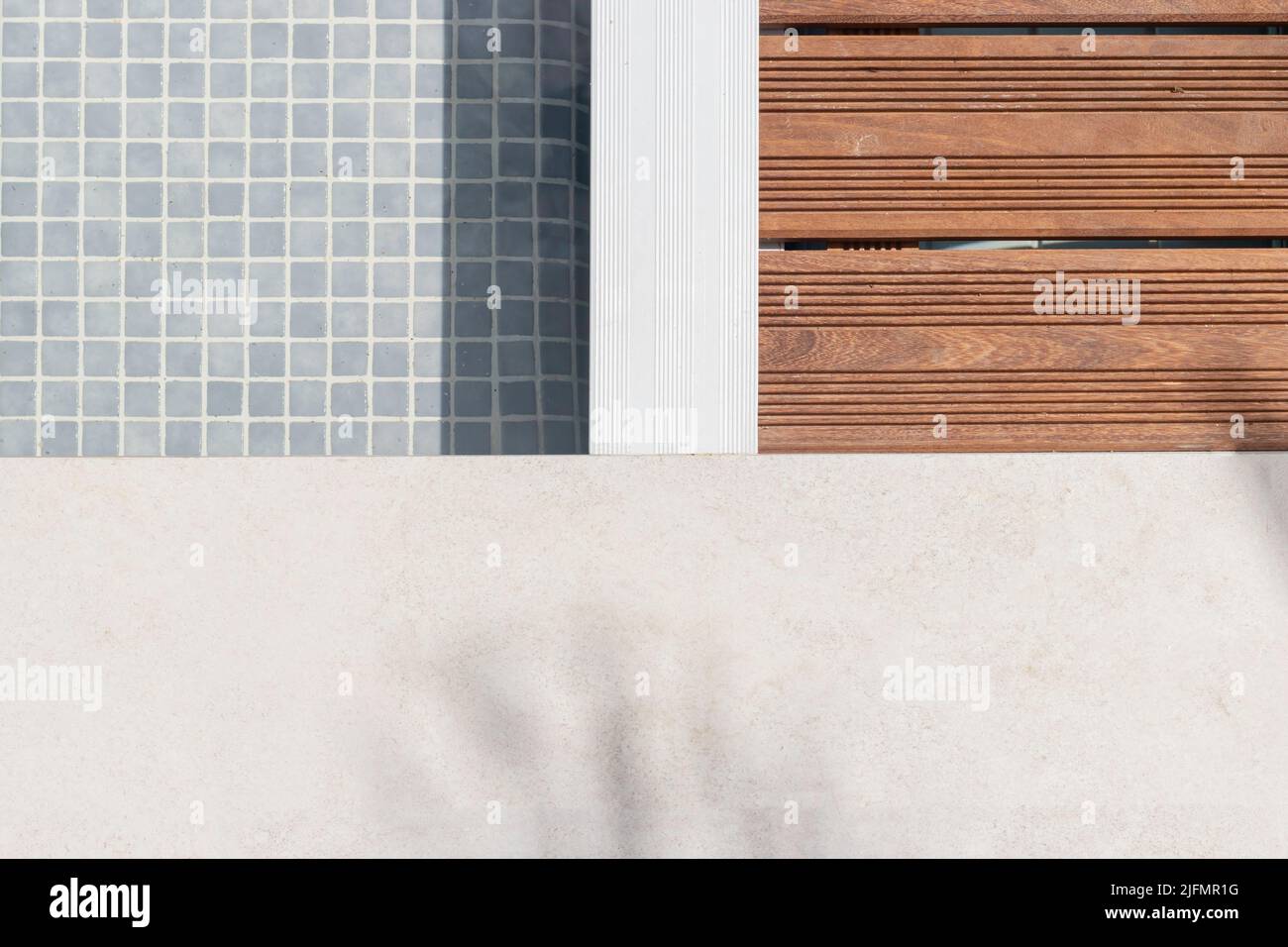 Top view of background and texture of grey tiling and wooden flooring ...