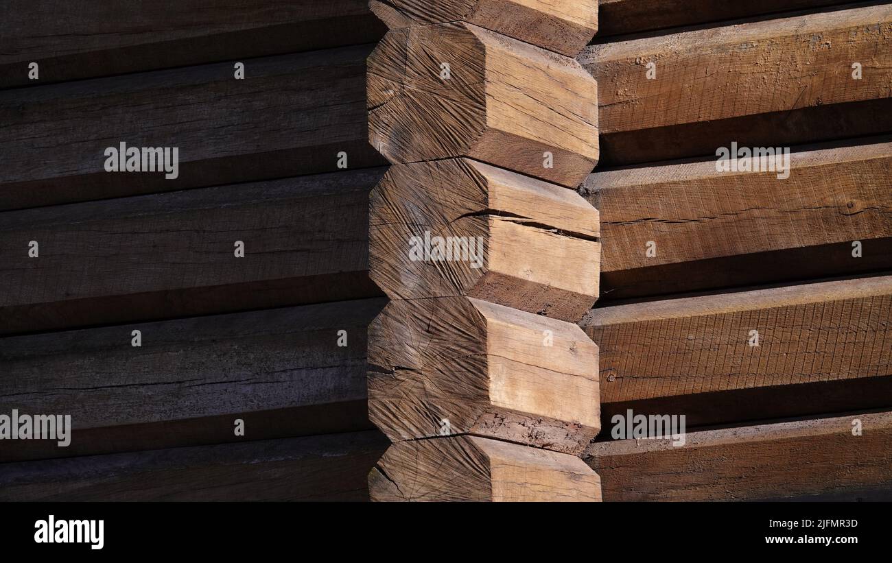 Kiev Ukraine February 23, 2019: House of wooden logs laying corner ...