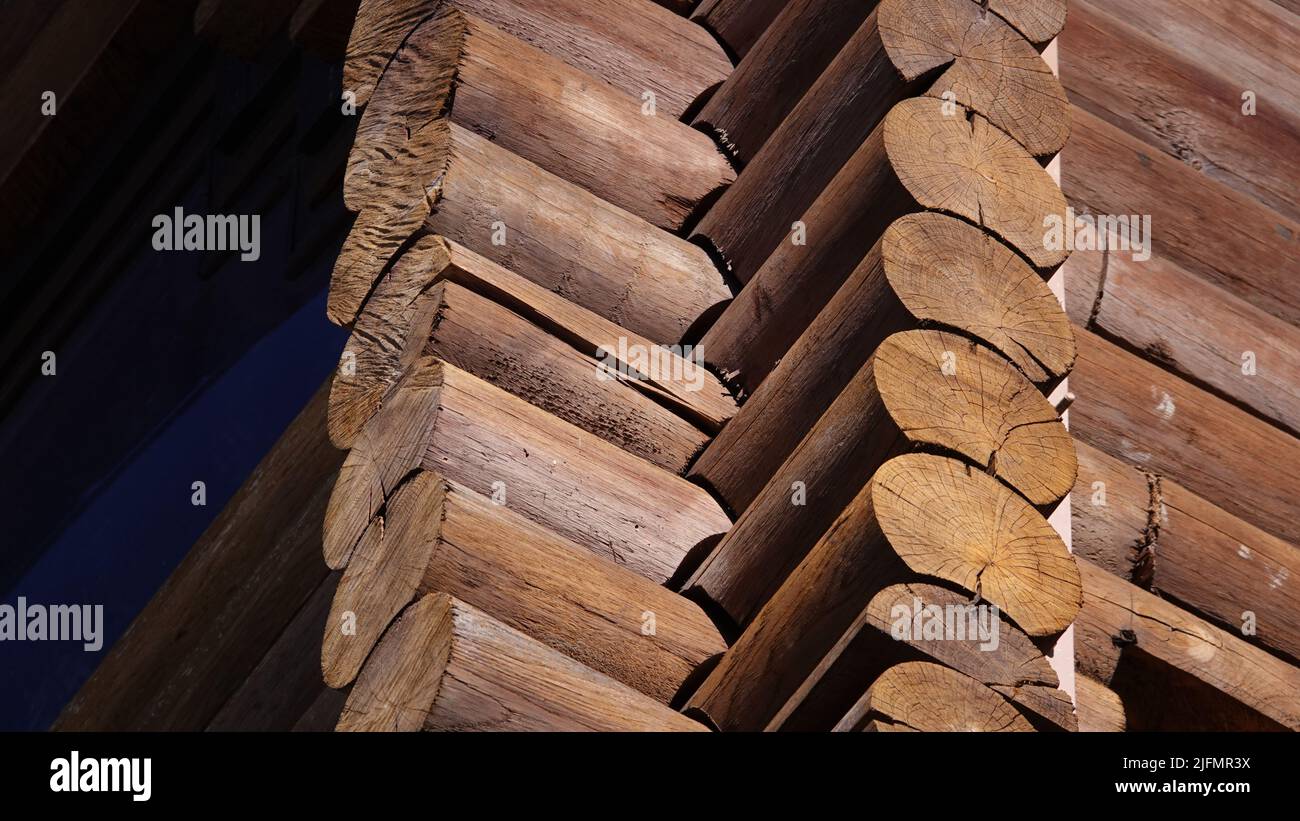 Kiev Ukraine February 23, 2019: House of wooden logs laying corner ...