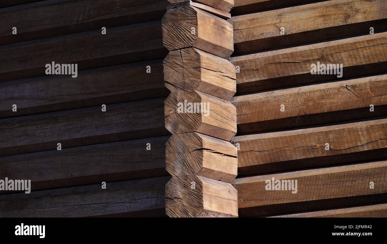 Kiev Ukraine February 23, 2019: House of wooden logs laying corner ...