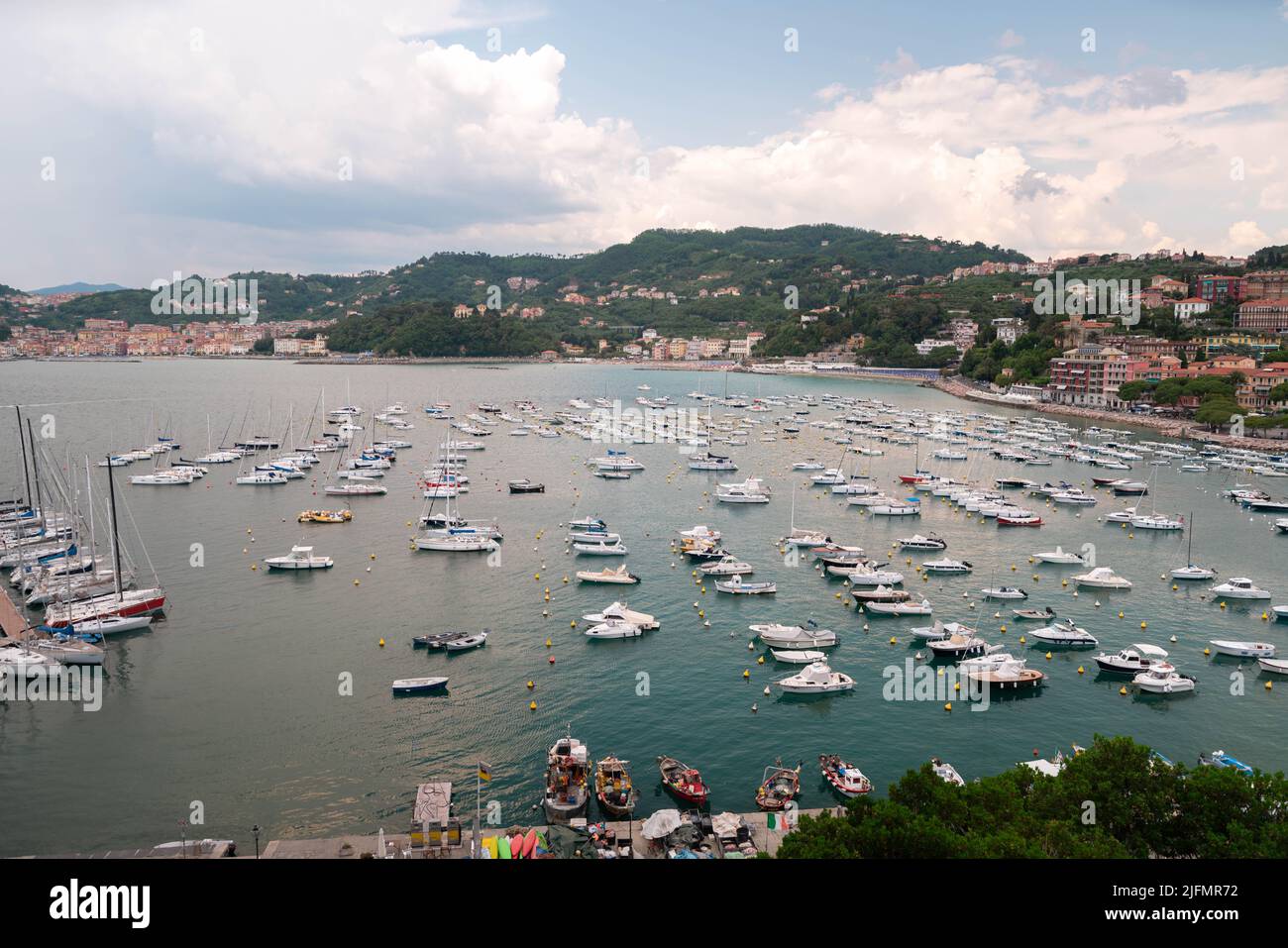 Lerici, Italy - June 9. 2021: Boats on anchor at Port of Lerici close ...