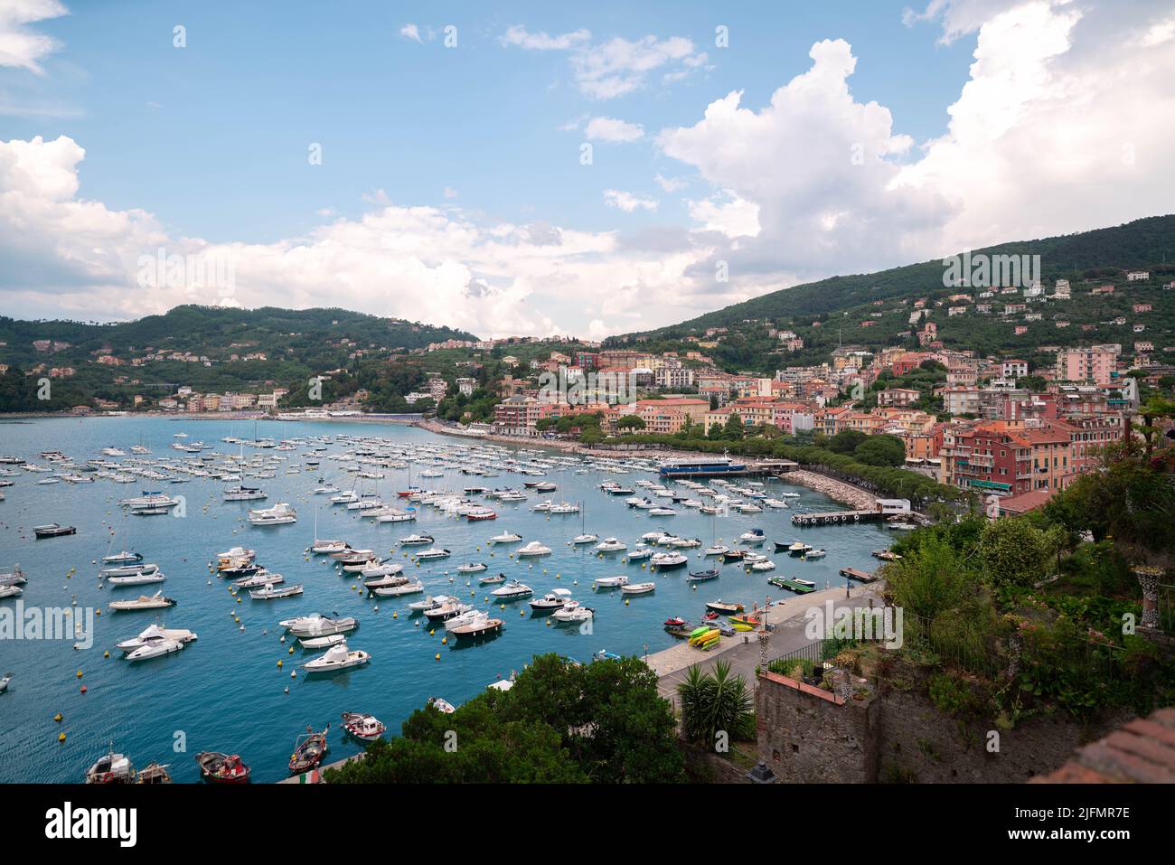 Lerici, Italy - June 9. 2021: Boats on anchor at Port of Lerici close ...