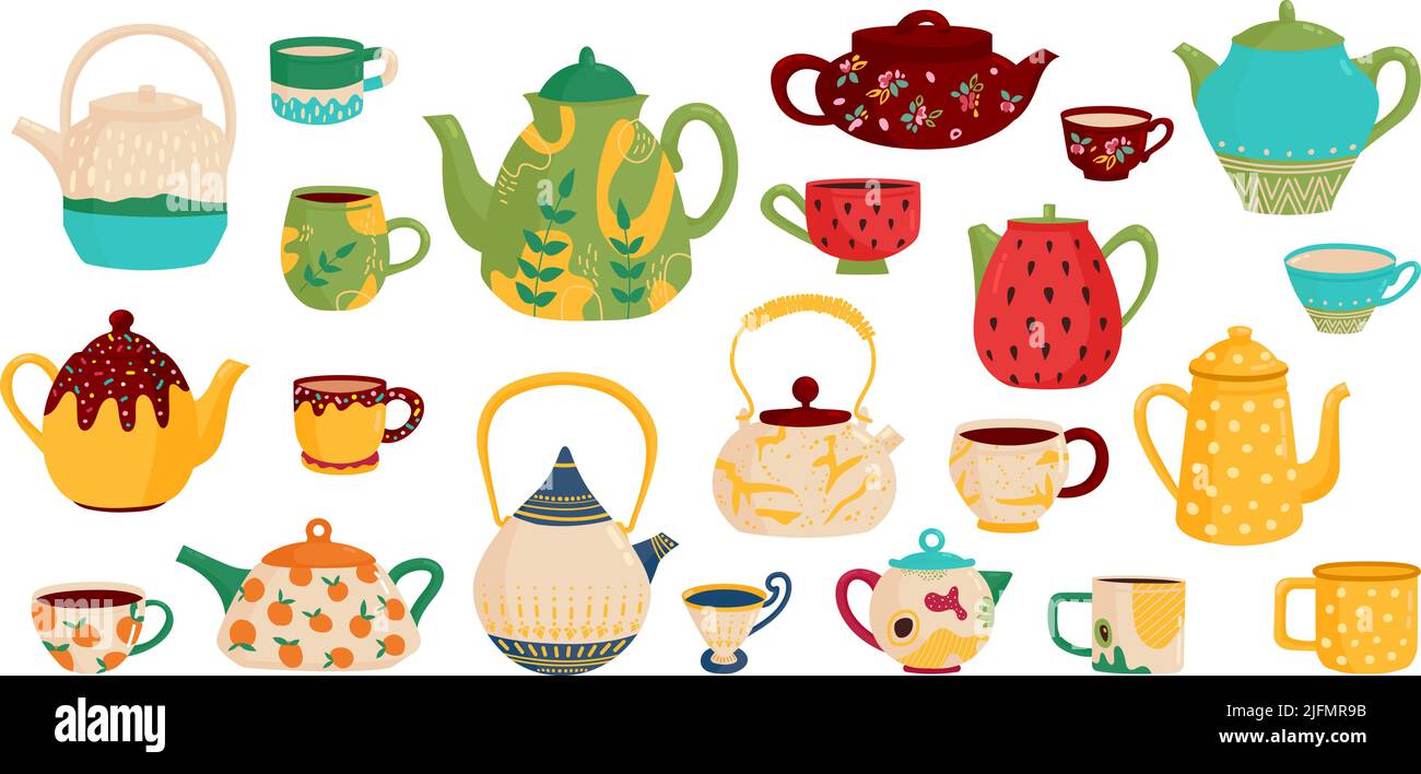 Cups and teapot. Ceramic teapots, cartoon teacups hygge household ...