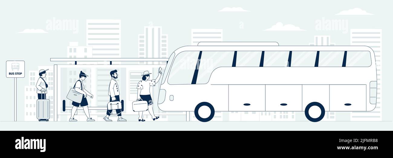 Bus travel. Commuter recreation ride, tourists transportation from bus ...