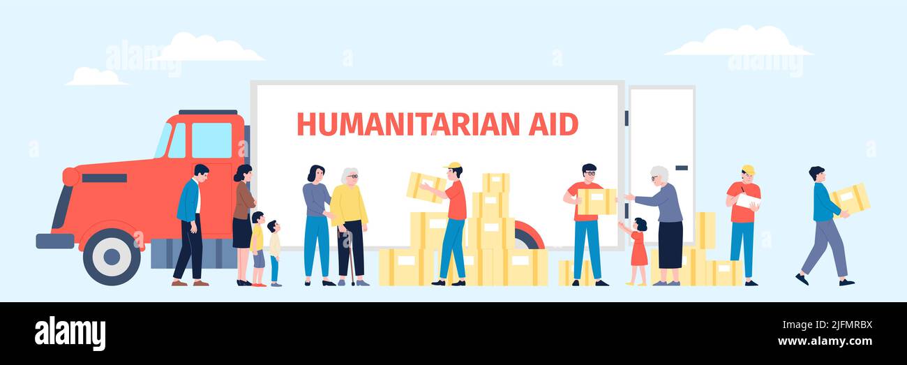 Humanitarian aid for refugees. Millennials helping people, donate boxes ...