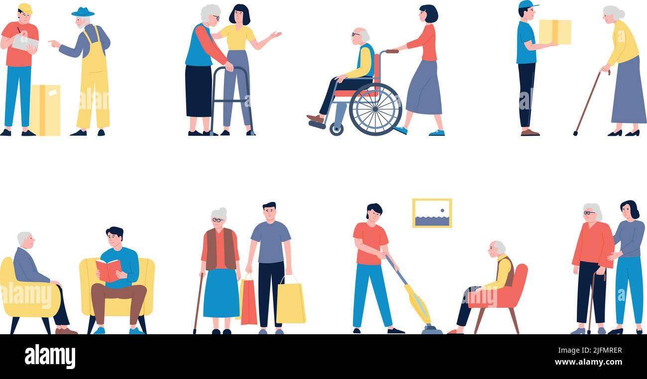 Social workers. Elderly seniors care volunteers, teenager volunteering ...