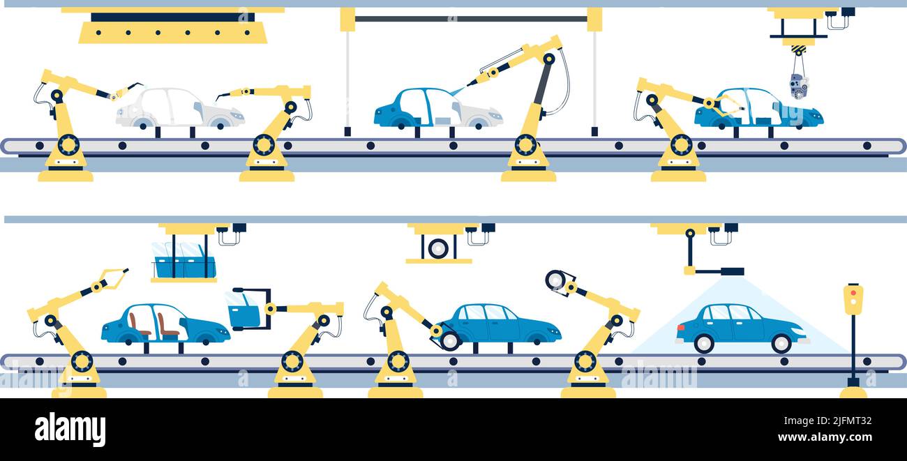 Car factory. Cars industry manufacturing, automation conveyor with robotics technology. Assembly ...