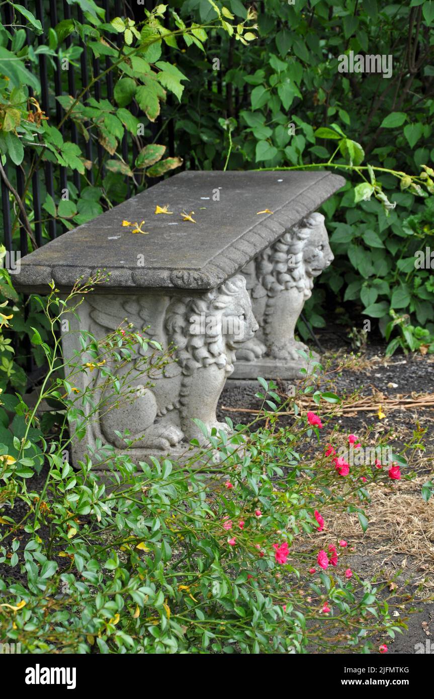 Decorative stone lions bench in botanical garden Stock Photo - Alamy