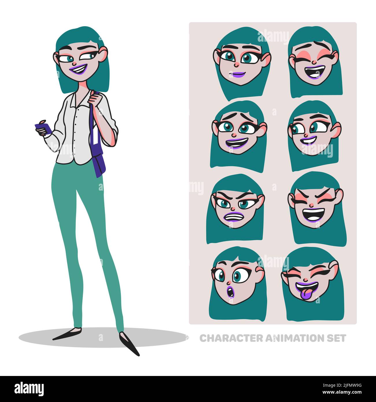haracter animation set, young woman, full length, in office clothes ...