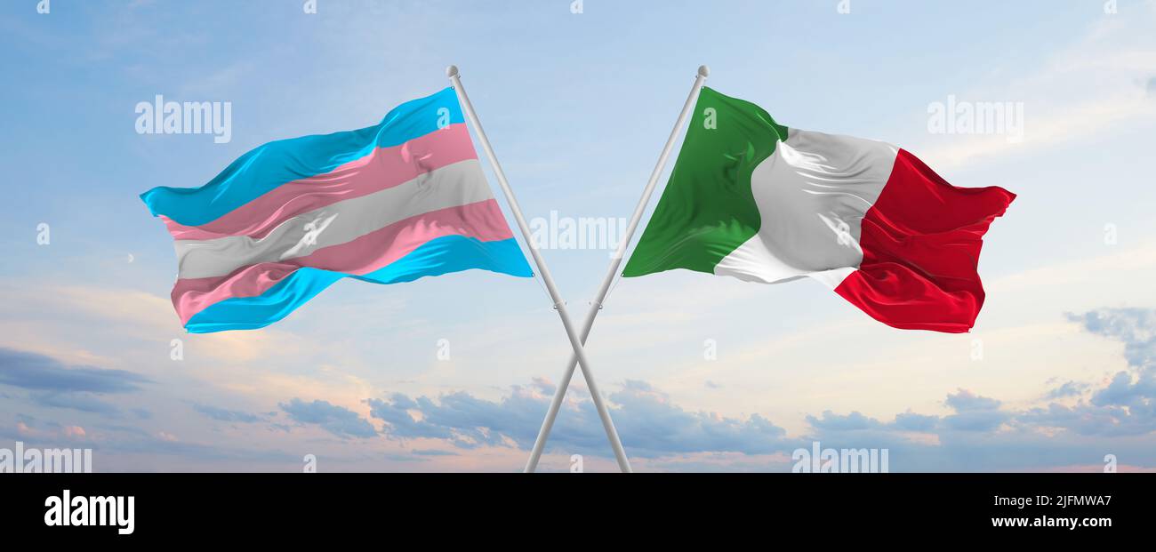 two crossed flags transgender Pride and Italy waving in wind at cloudy ...