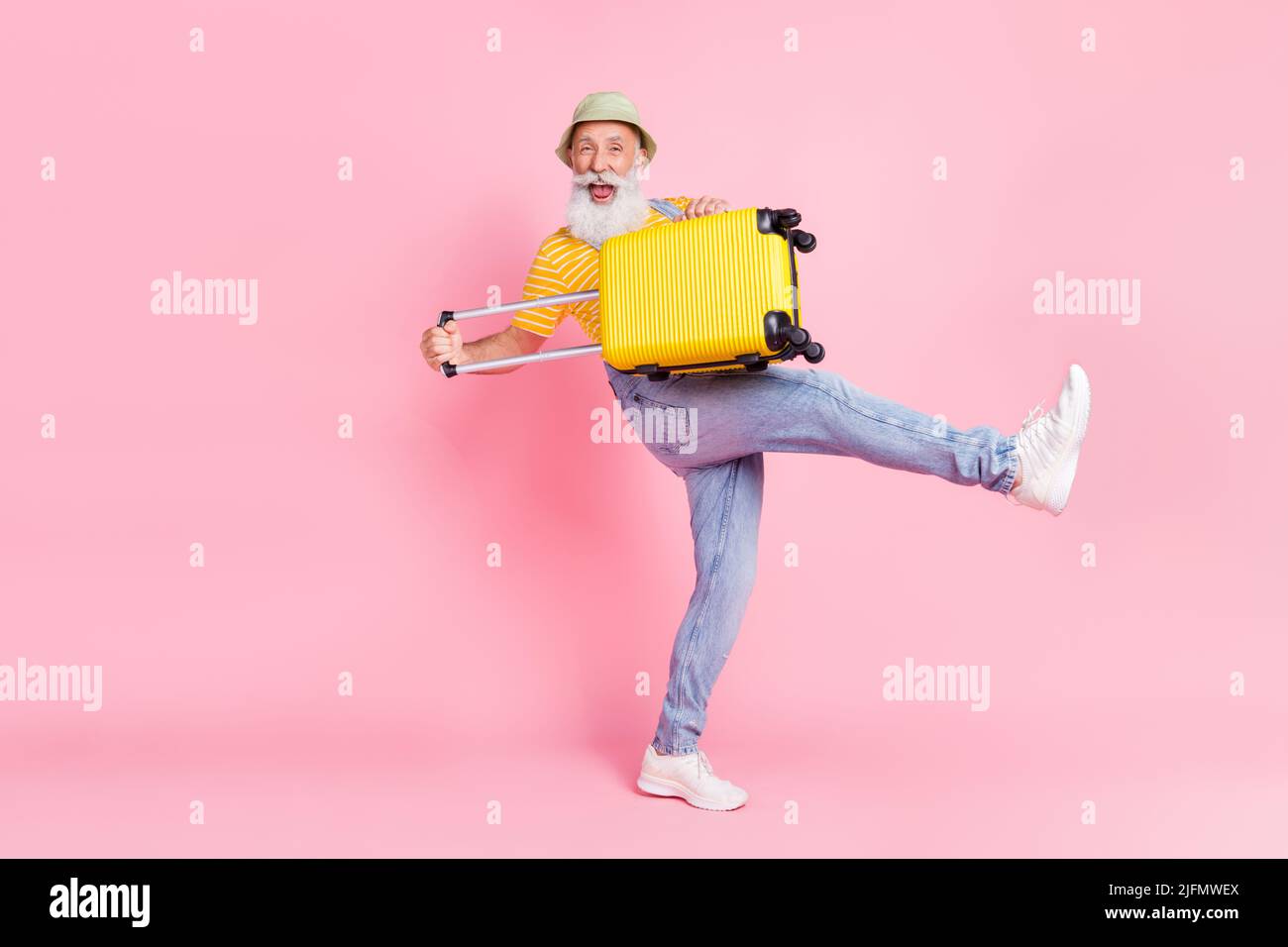 Full length body size view of nice cheerful man traveling dancing ...