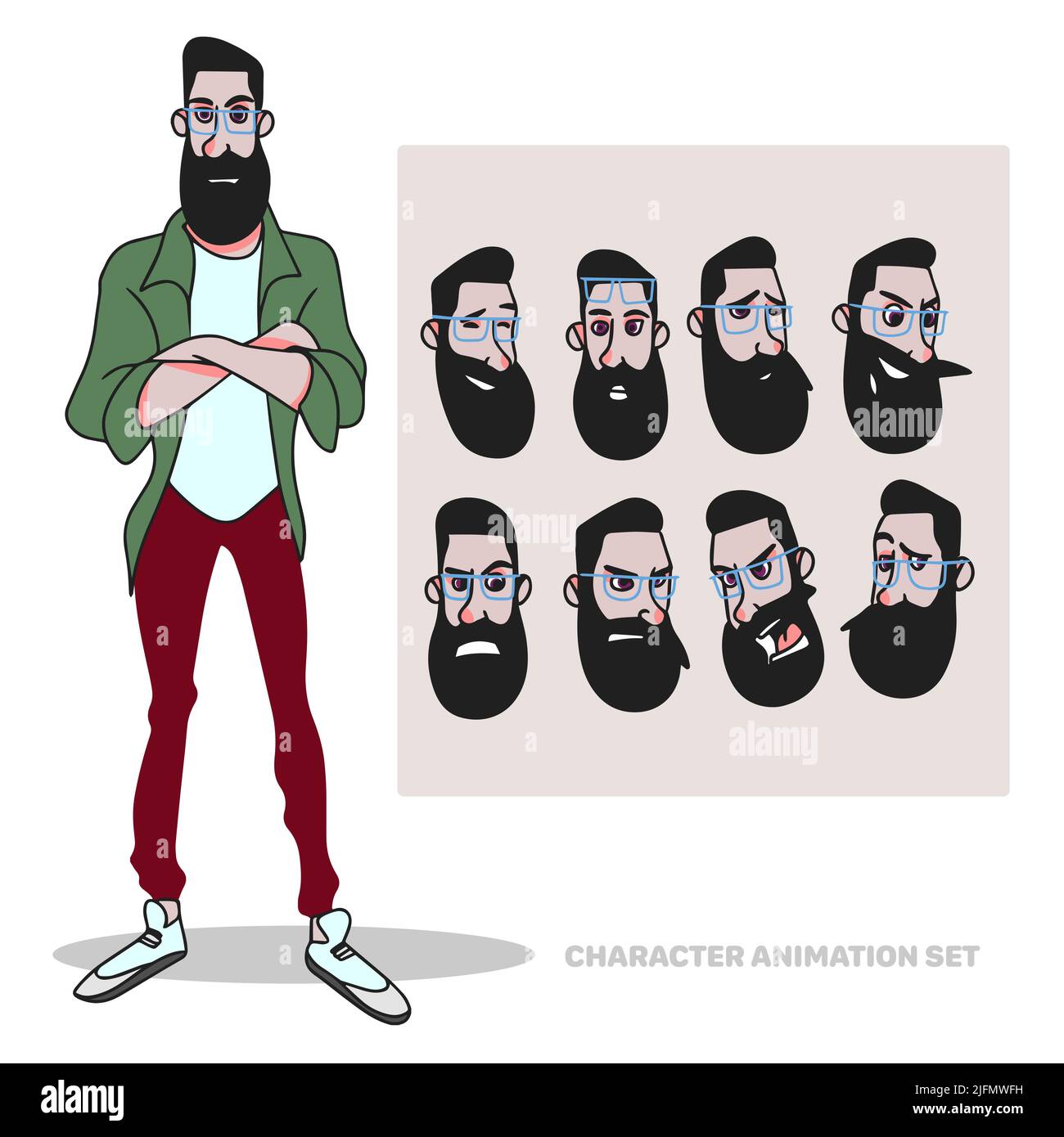 Character animation set, bearded guy with glasses, full length ...