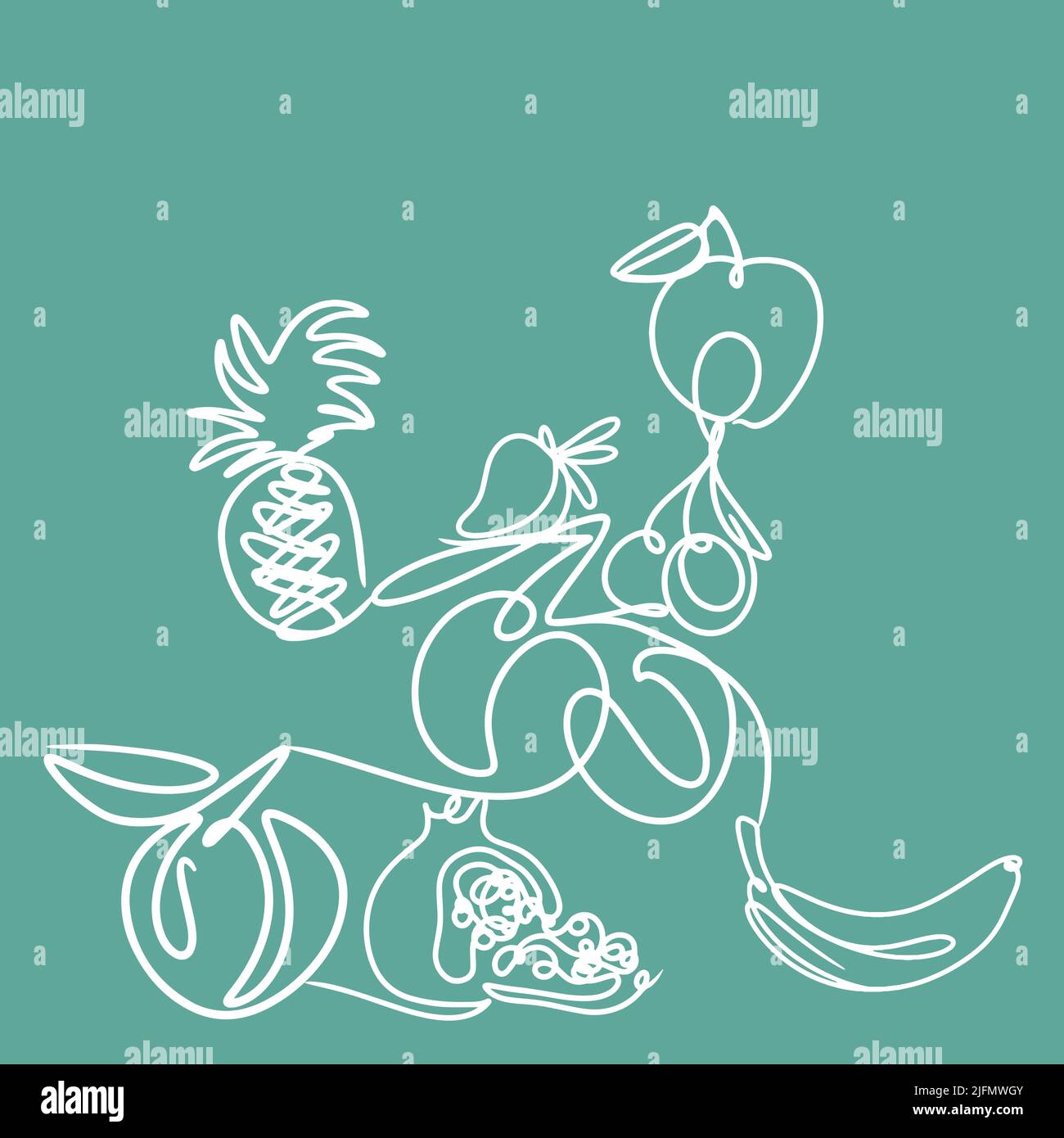 Fruits set, one line outline drawing on turquoise background, vector ...