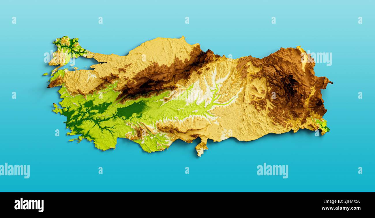 A 3d rendering of Turkey Relief Map isolated on blue background Stock ...