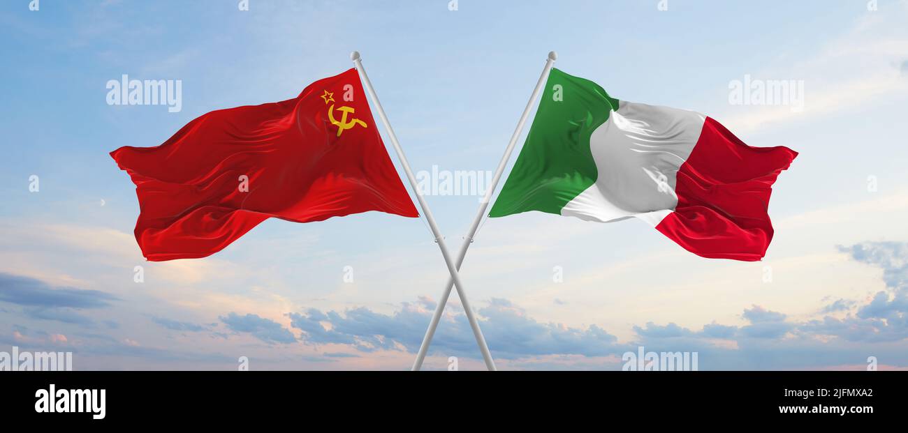 two crossed flags ussr and Italy waving in wind at cloudy sky. Concept ...