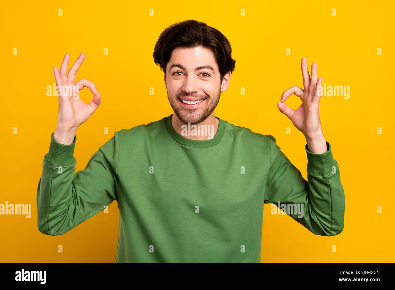 Photo of cheerful reliable guy show two okey sign wear green pullover ...