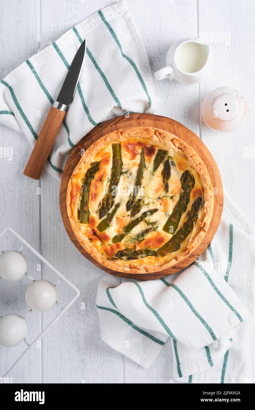 Quiche. Homemade asparagus pie or quiche with cheese and spinach on ...