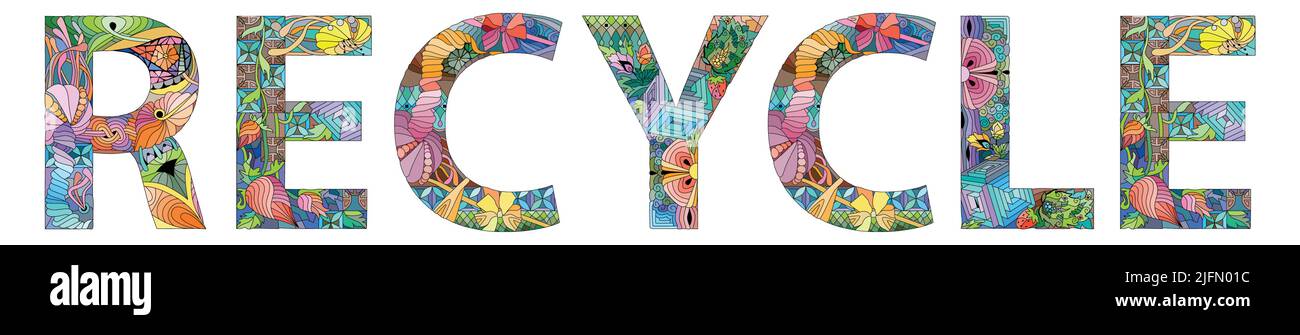 Hand-painted art design. Hand drawn illustration word RECYCLE for t ...