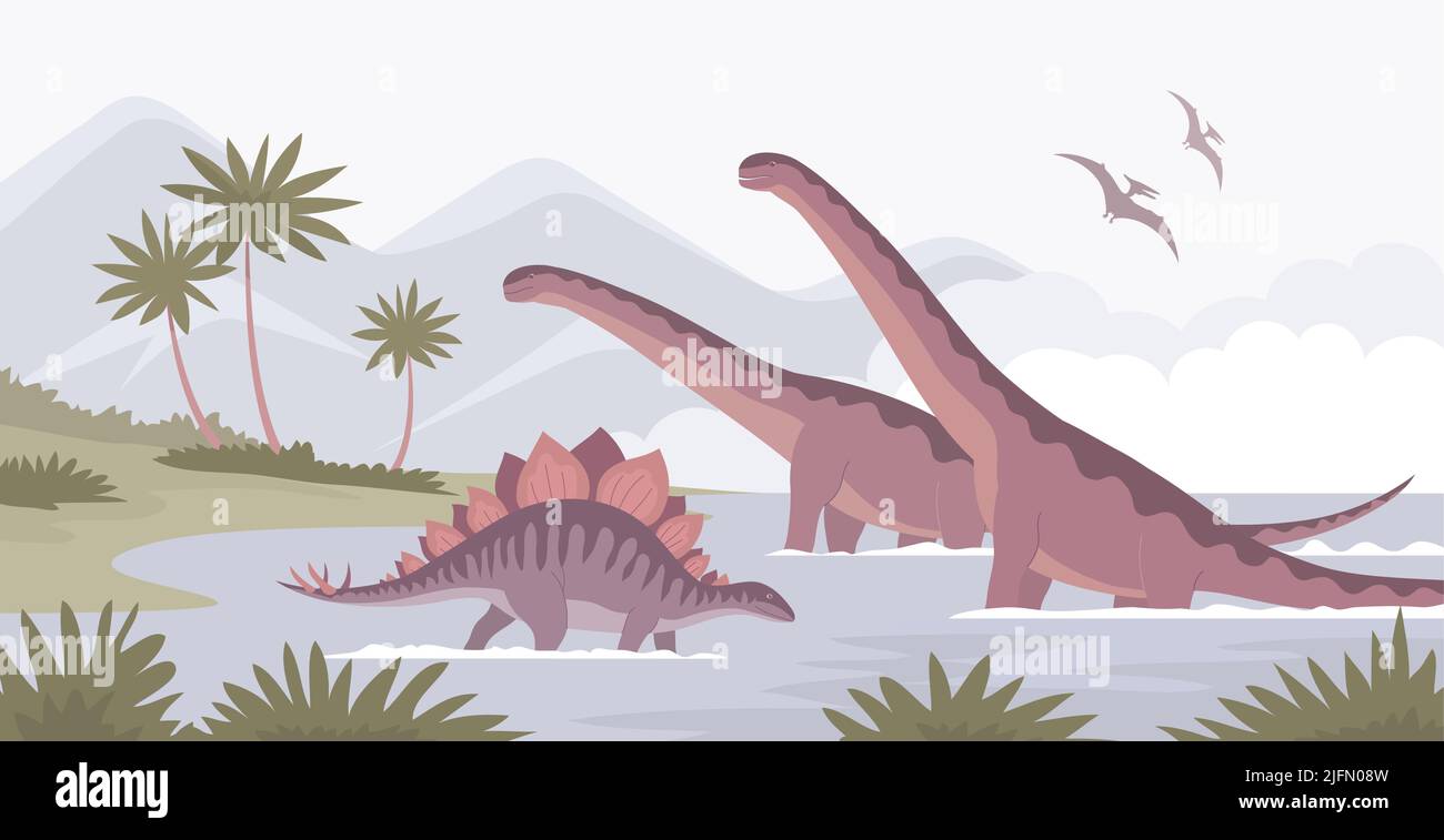 Big sauropods and stegosaurus. Lizards bathe in water. Herbivorous ...