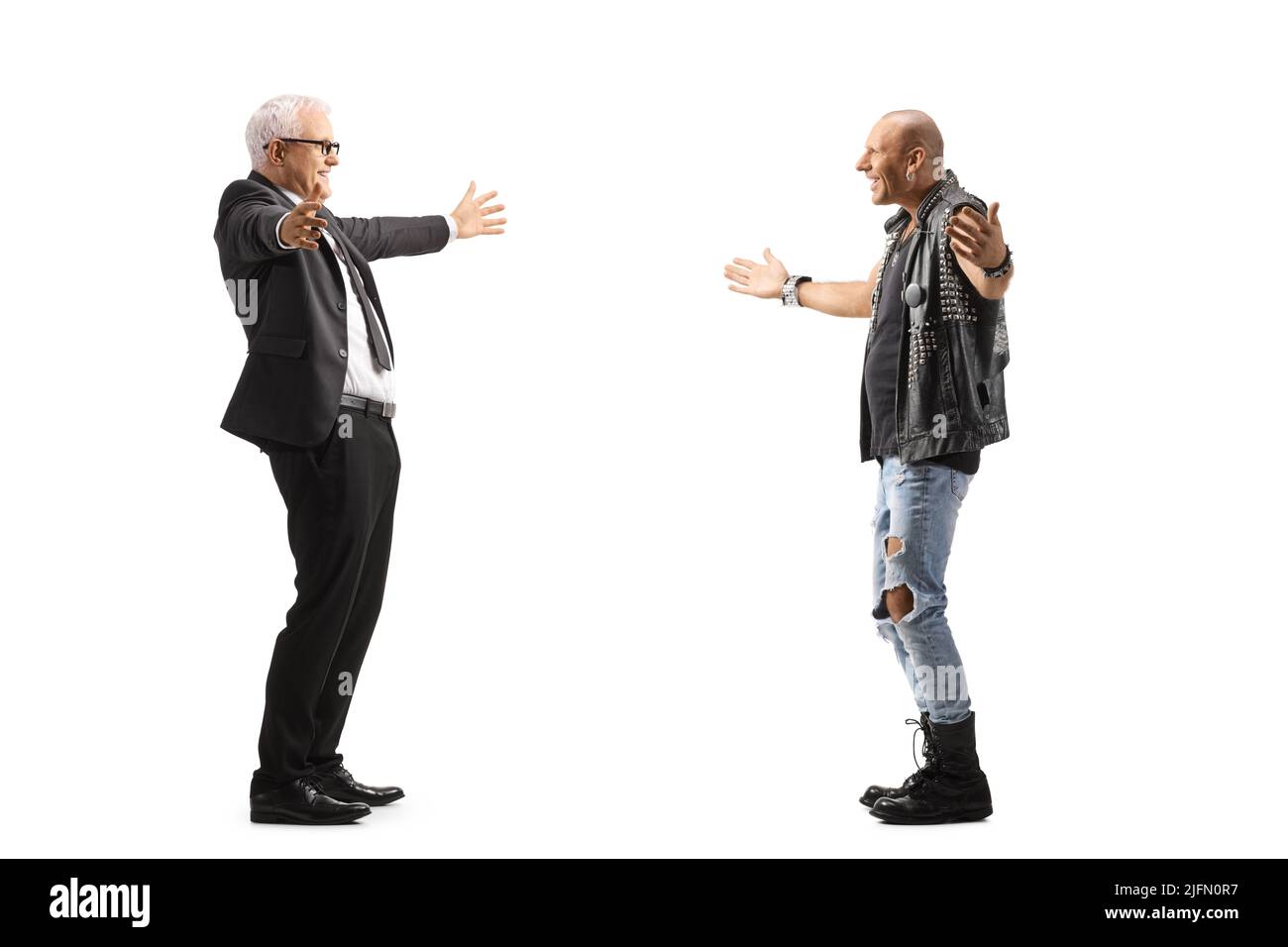 Full length profile shot of a businessman meeting a punk isolated on ...