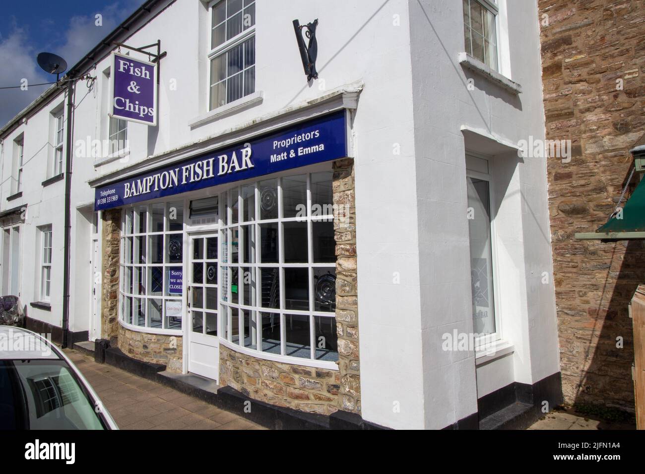 BAMPTON, DEVON, UK - APRIL 7, 2022 Bampton Fish Bar on Brook Street ...