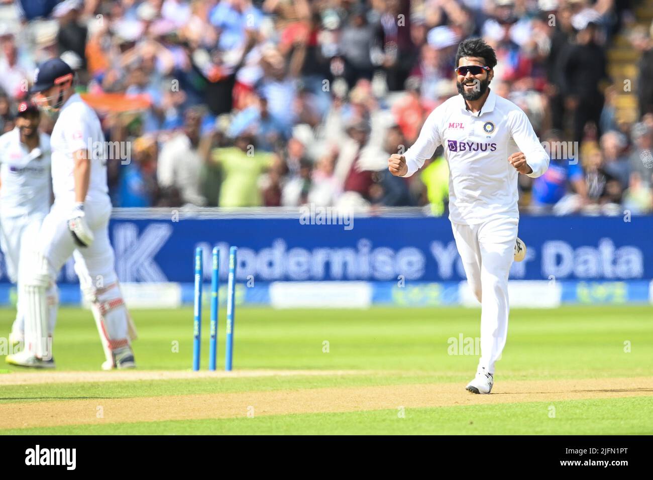 Ravindra Jadeja of India celebrates the run out of Alex Lees of England ...
