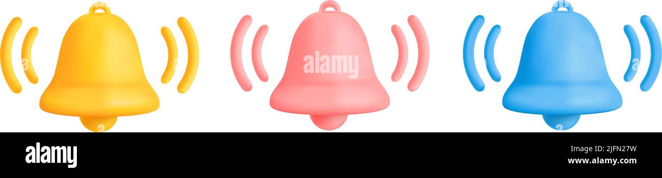 Realistic notice bell. Floating 3d alarm clock bells sound notification ...