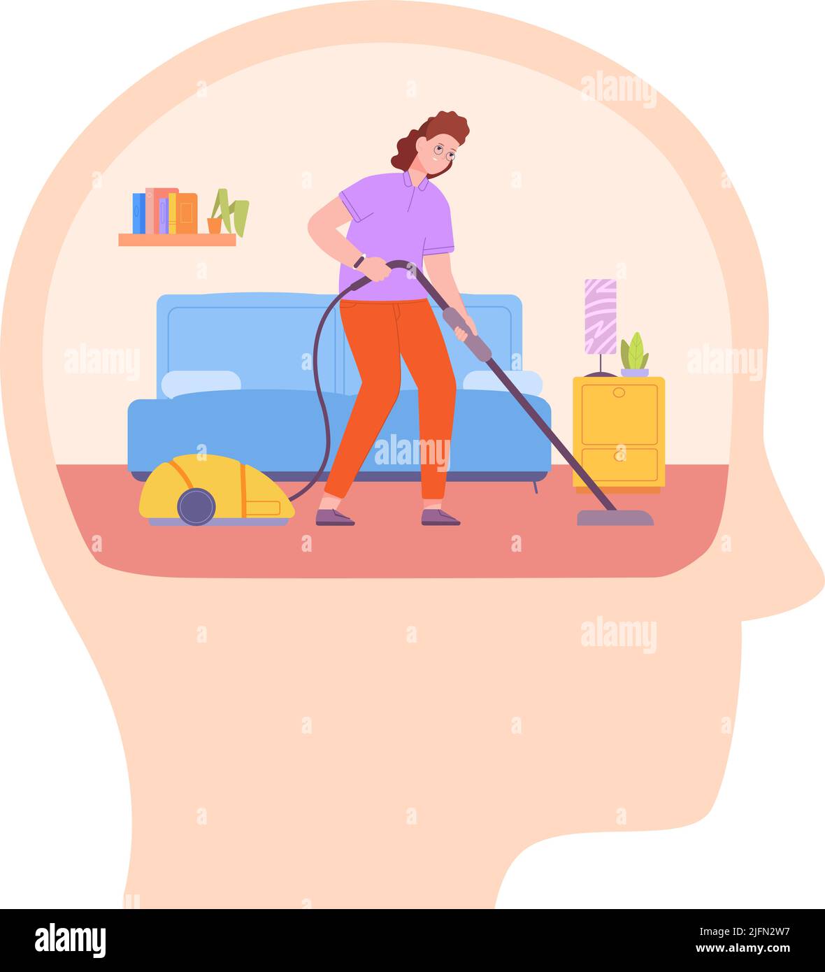 Mind cleaning. Woman cleansing space inside head, mental health clear ...