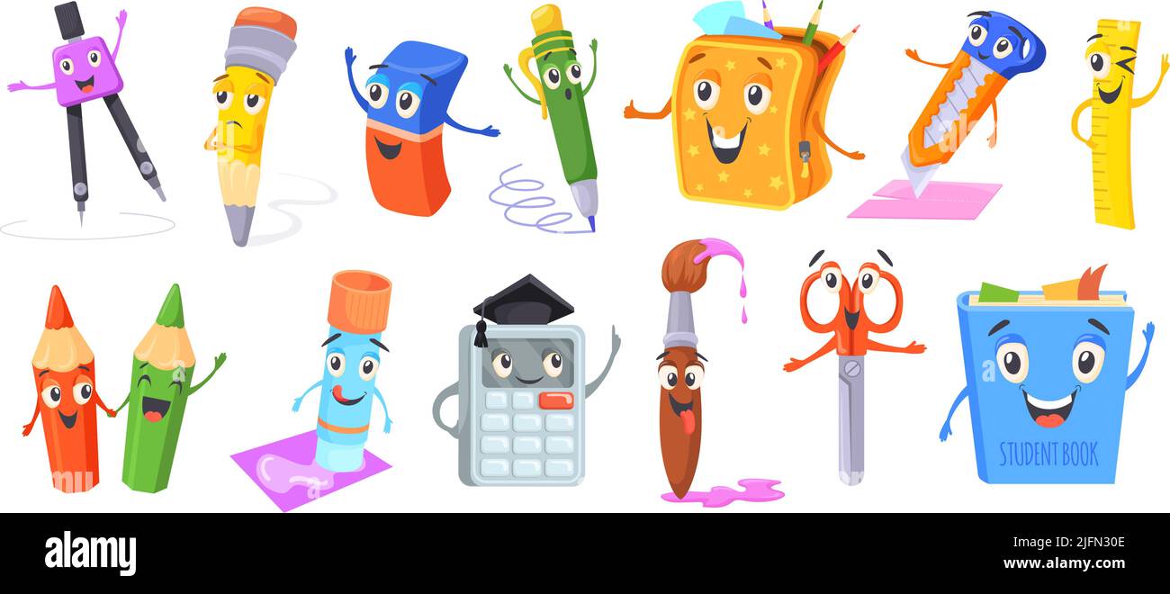 Mascot school supplies. Funny cartoon stationery characters, emoticon ...