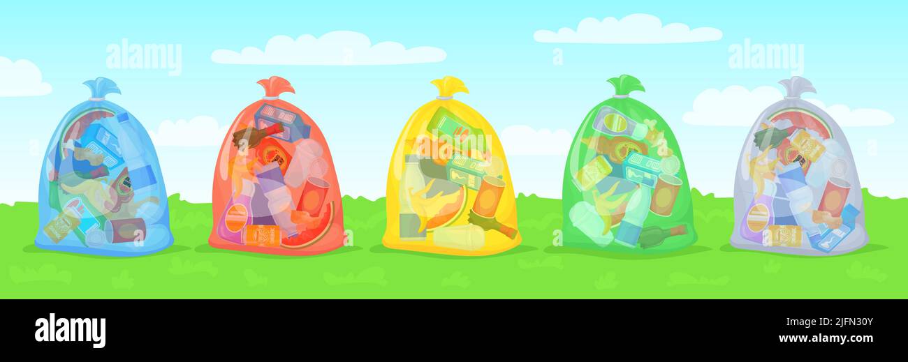Clear trash bags. Colorful clearing garbage bag waste bins, plastic ...