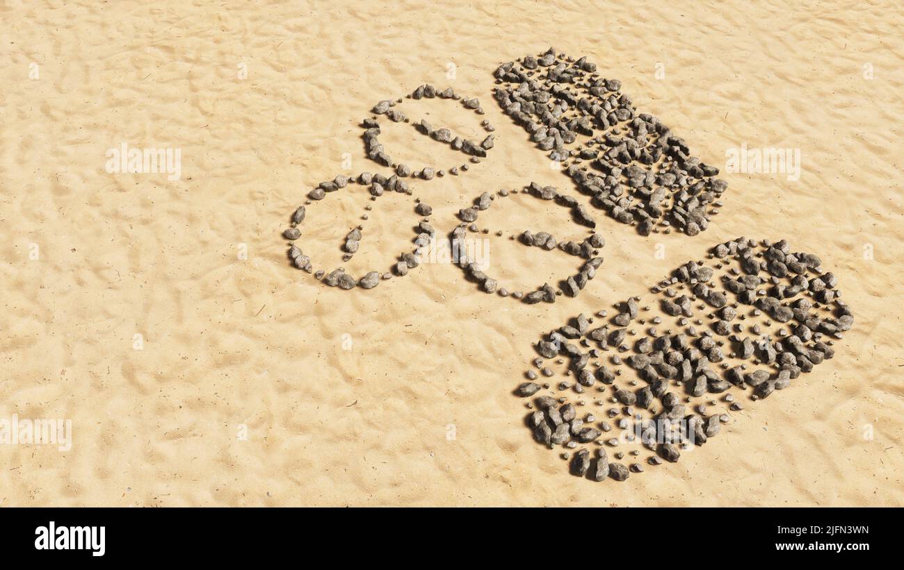 Concept conceptual stones on beach sand handmade symbol shape, golden ...