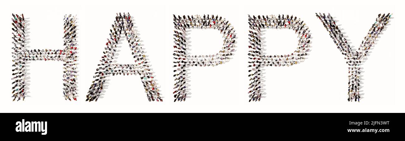 Concept or conceptual large community of people forming HAPPY word. 3d ...