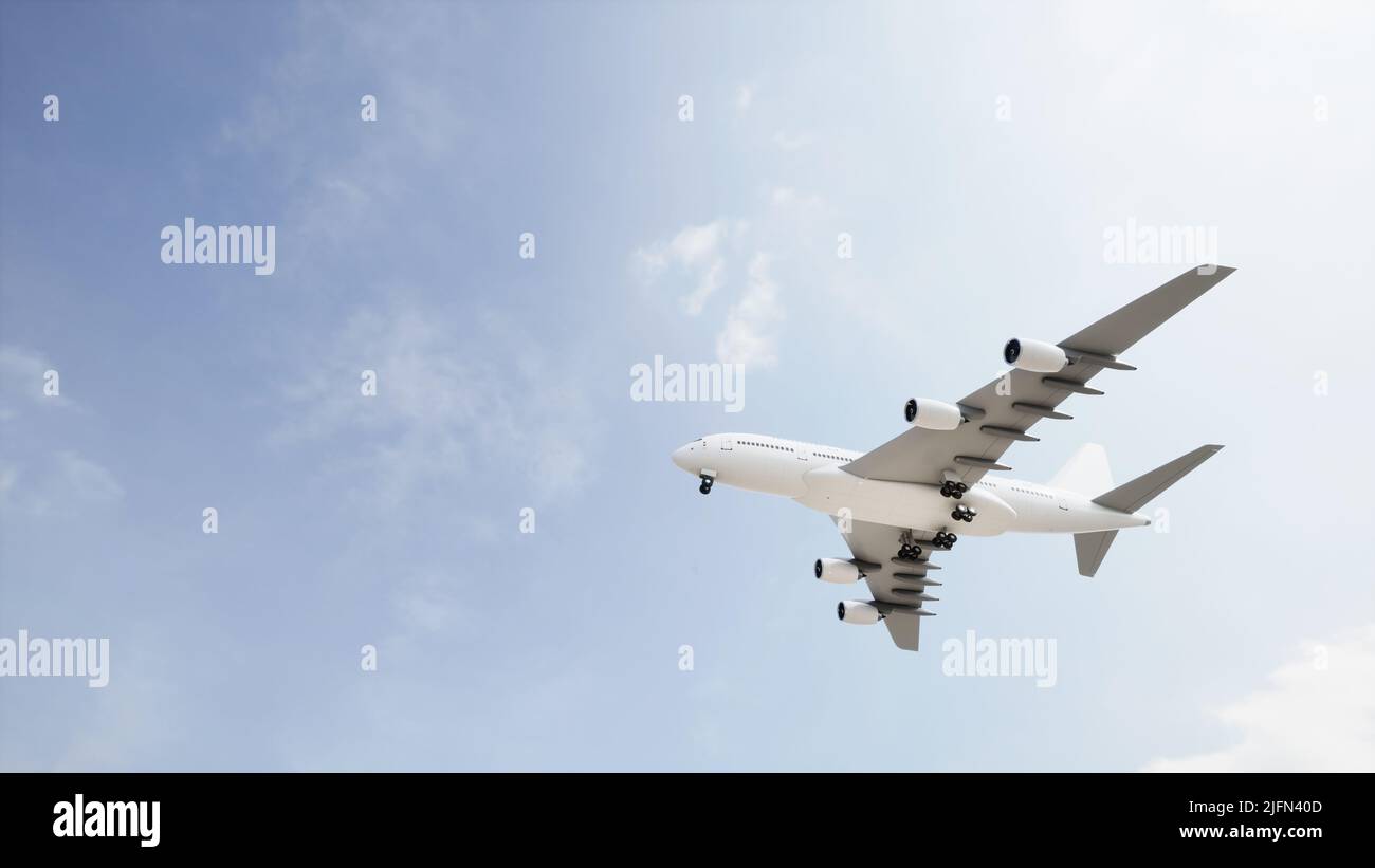 Conceptual flying white passenger jetliner or commercial plane after ...